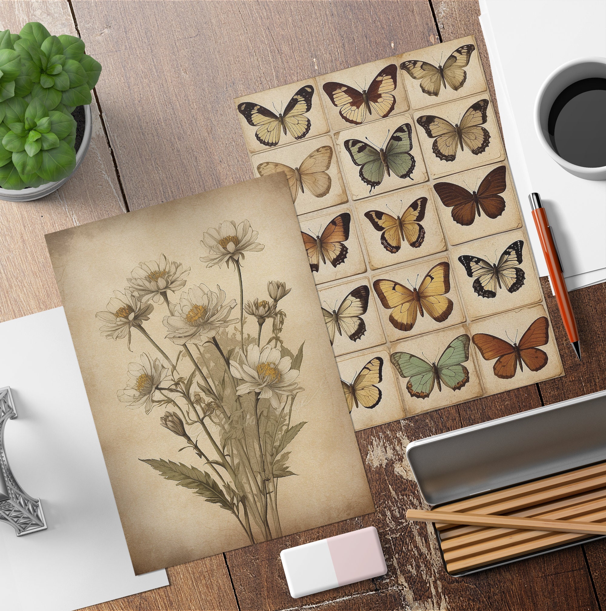 Vintage Nature Printable Papers,butterfly Ephemera Cards, Vintage ...