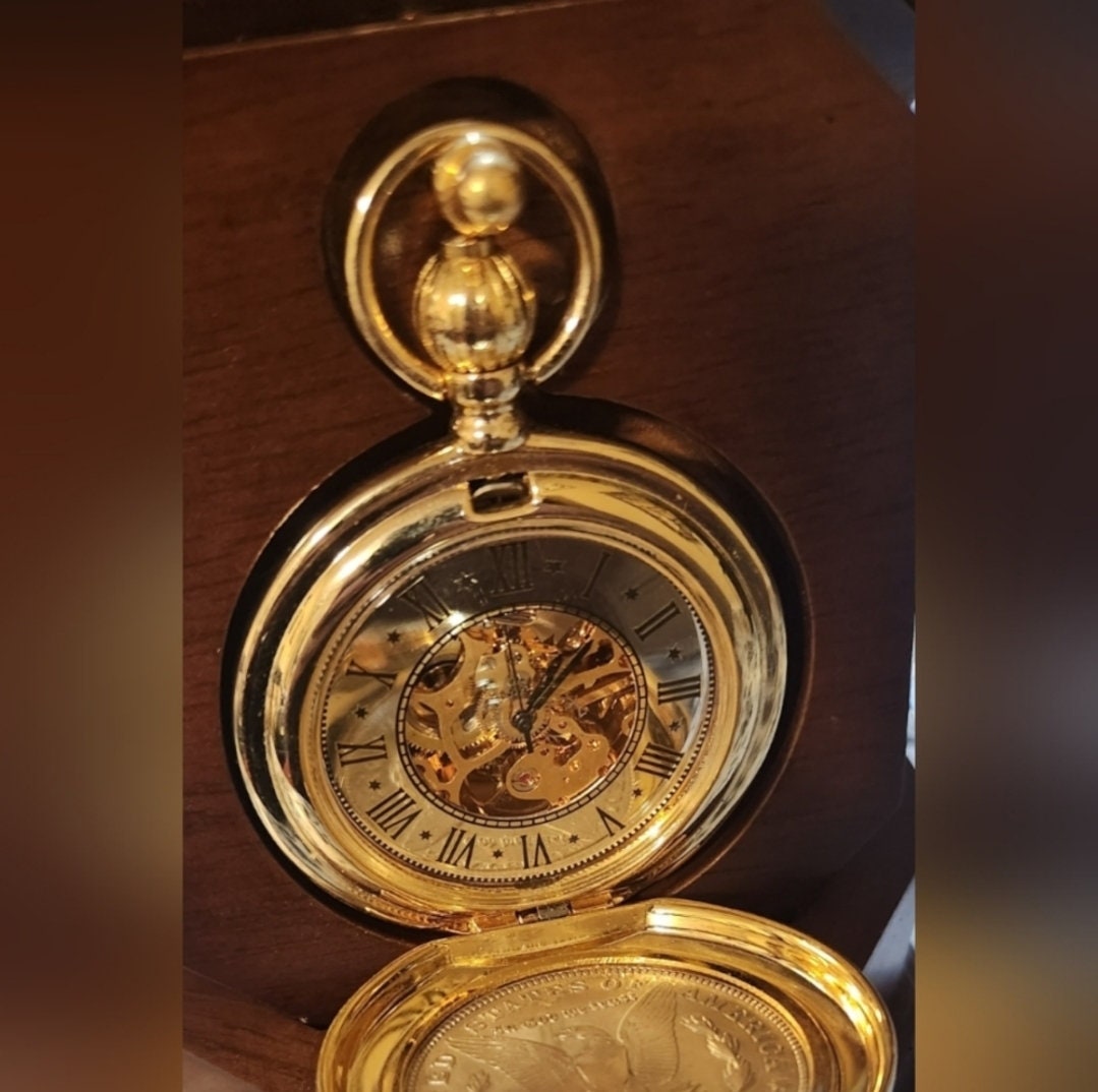 Franklin Mint, the Morgan Silver Dollar Pocket Watch With Wooden Box ...
