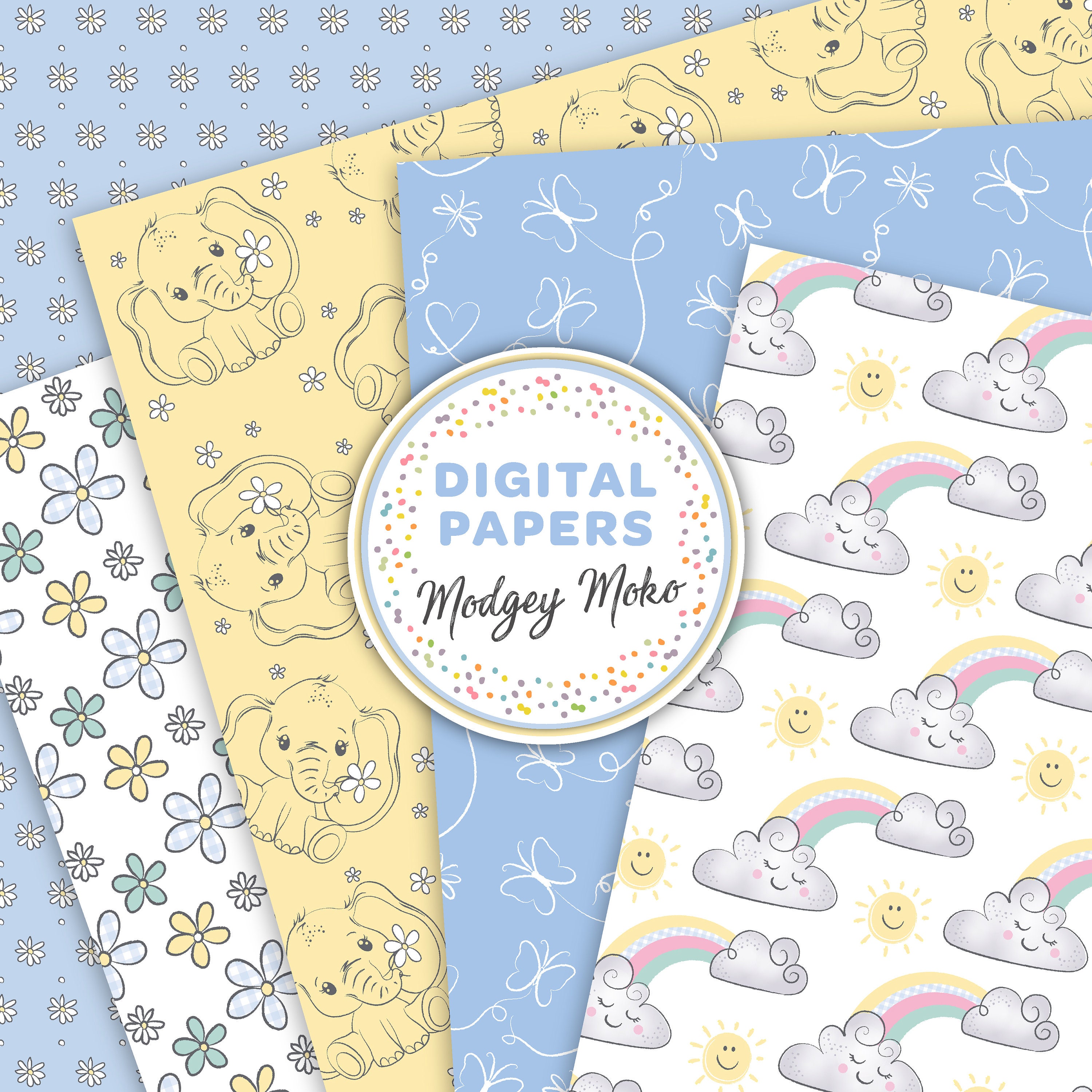 Blue Elephant Baby Boy Digital Papers: Rainbow, Flowers (JPG) - Etsy