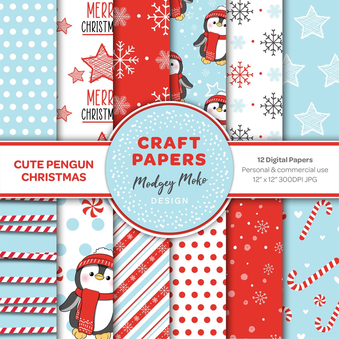Digital Printable Papers Cute Penguin Christmas Patterns, Candy Canes ...