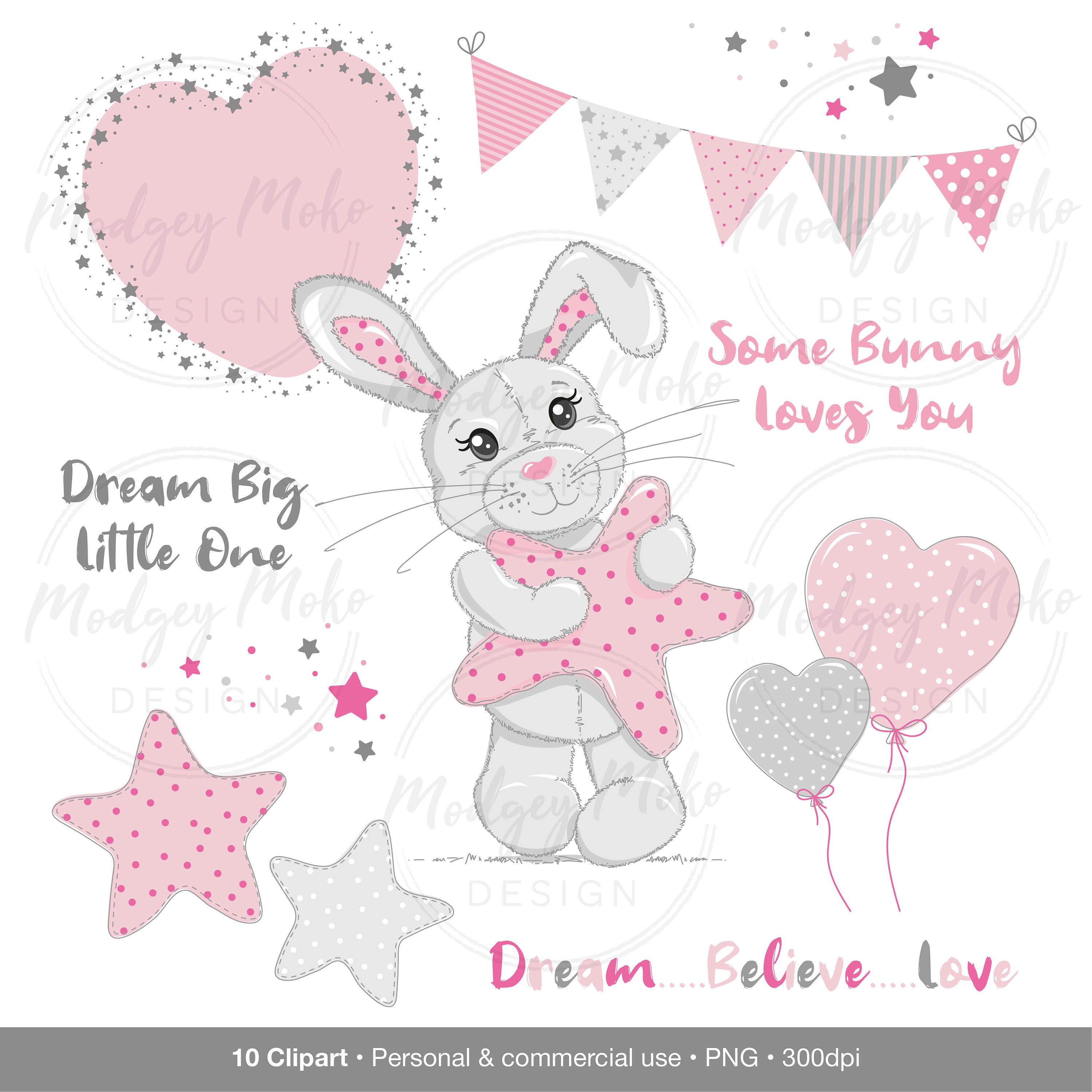 10 Clip Art Designs of Little Star Bunny in pink and grey | Etsy