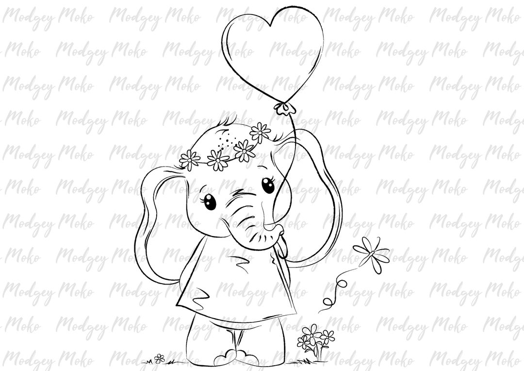 Cute Baby Elephant With Balloon Digi Stamp, Digital Stamps, Card Making ...