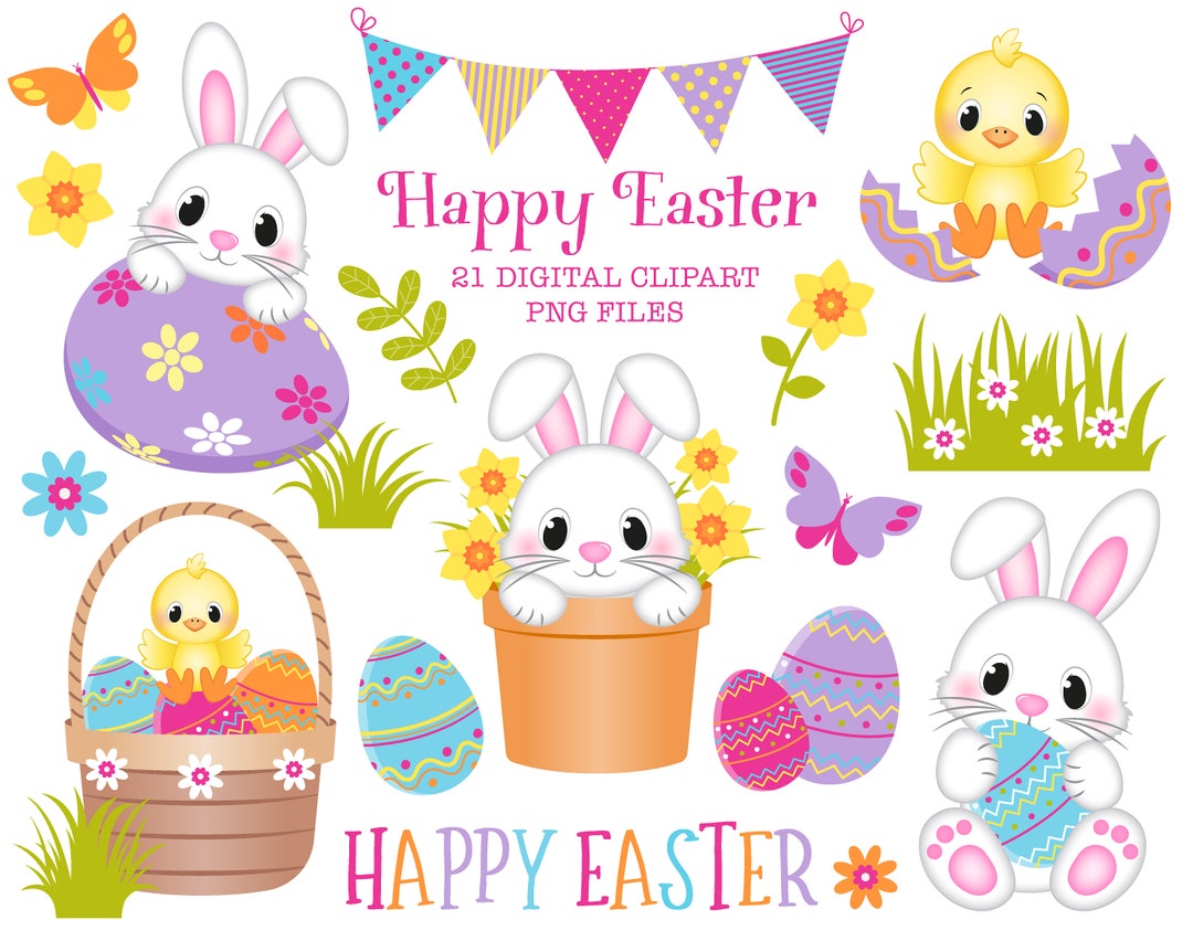 Happy Easter Bunny CLIPART PNG. Includes a Background Digital Paper ...