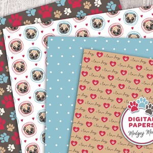 Puppy Dog Printable Papers, Dog Digital Papers, Cute Pug Dog Digital ...