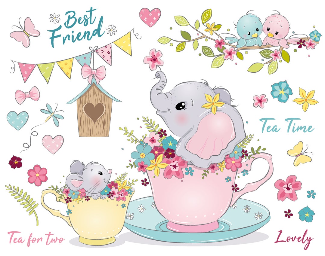 Elephant Tea Party Clipart: Mouse, Birds, Flowers (PNG Digital Download ...