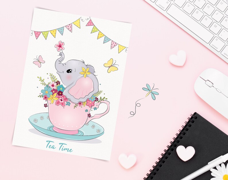 Elephant Tea Party Clipart: Mouse, Birds, Flowers (PNG Digital Download ...
