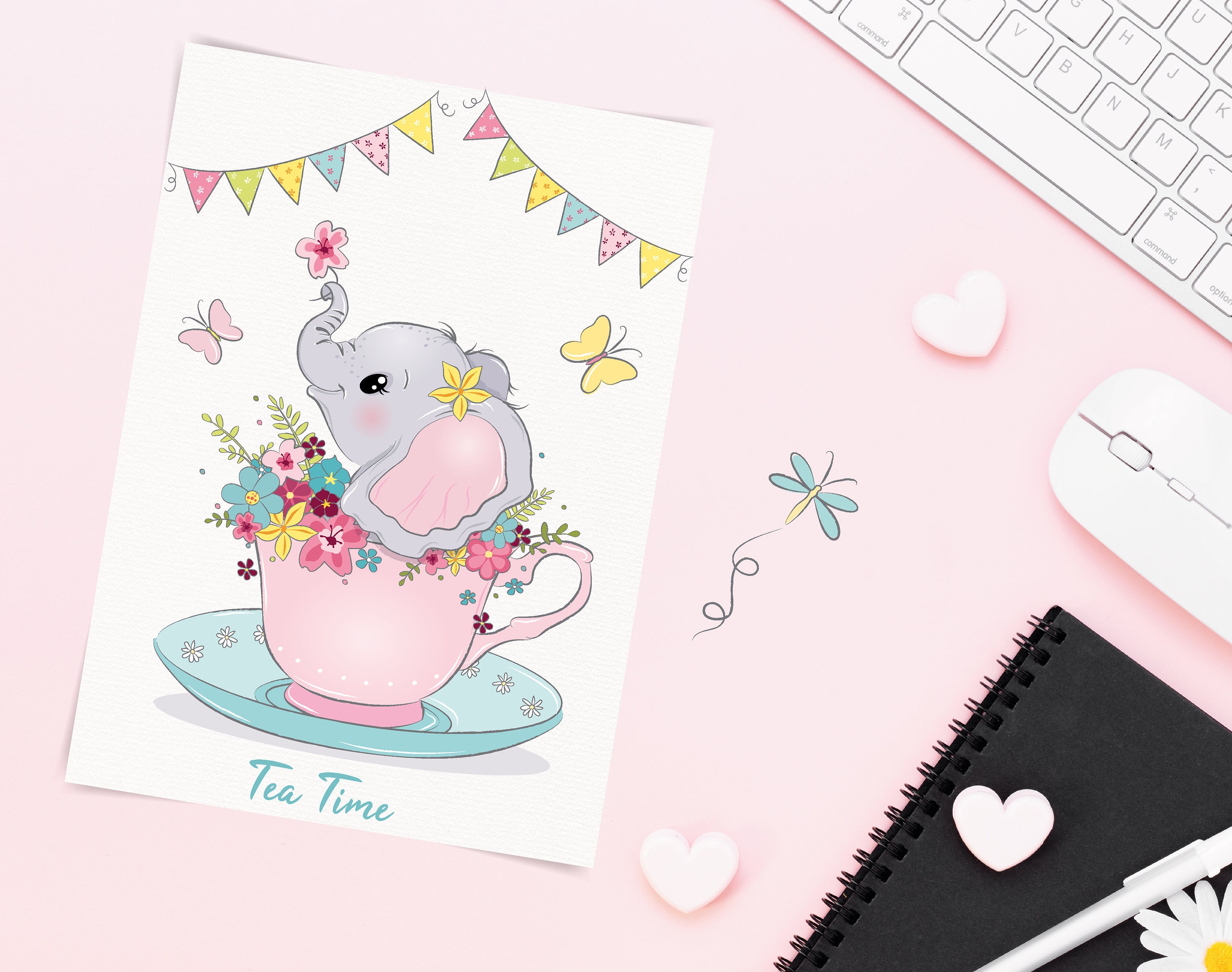 Elephant Tea Party Clipart: Mouse, Birds, Flowers (PNG Digital Download ...