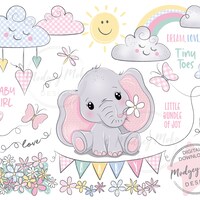 Cute Baby Elephant Sitting on a Cloud Digital Stamp, Digital Colouring ...