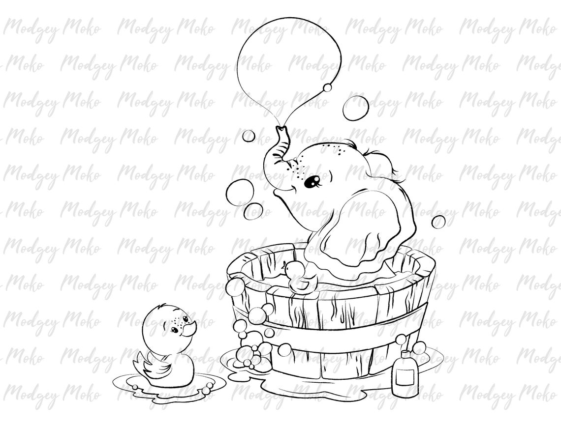 Baby Elephant in Bath Tub Digi Stamp, Digital Stamps, Card Making ...