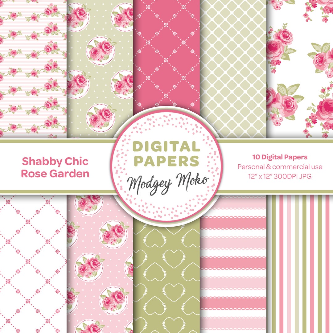 Rose Garden Digital Papers, Includes Printable Shabby Chic Style Floral ...