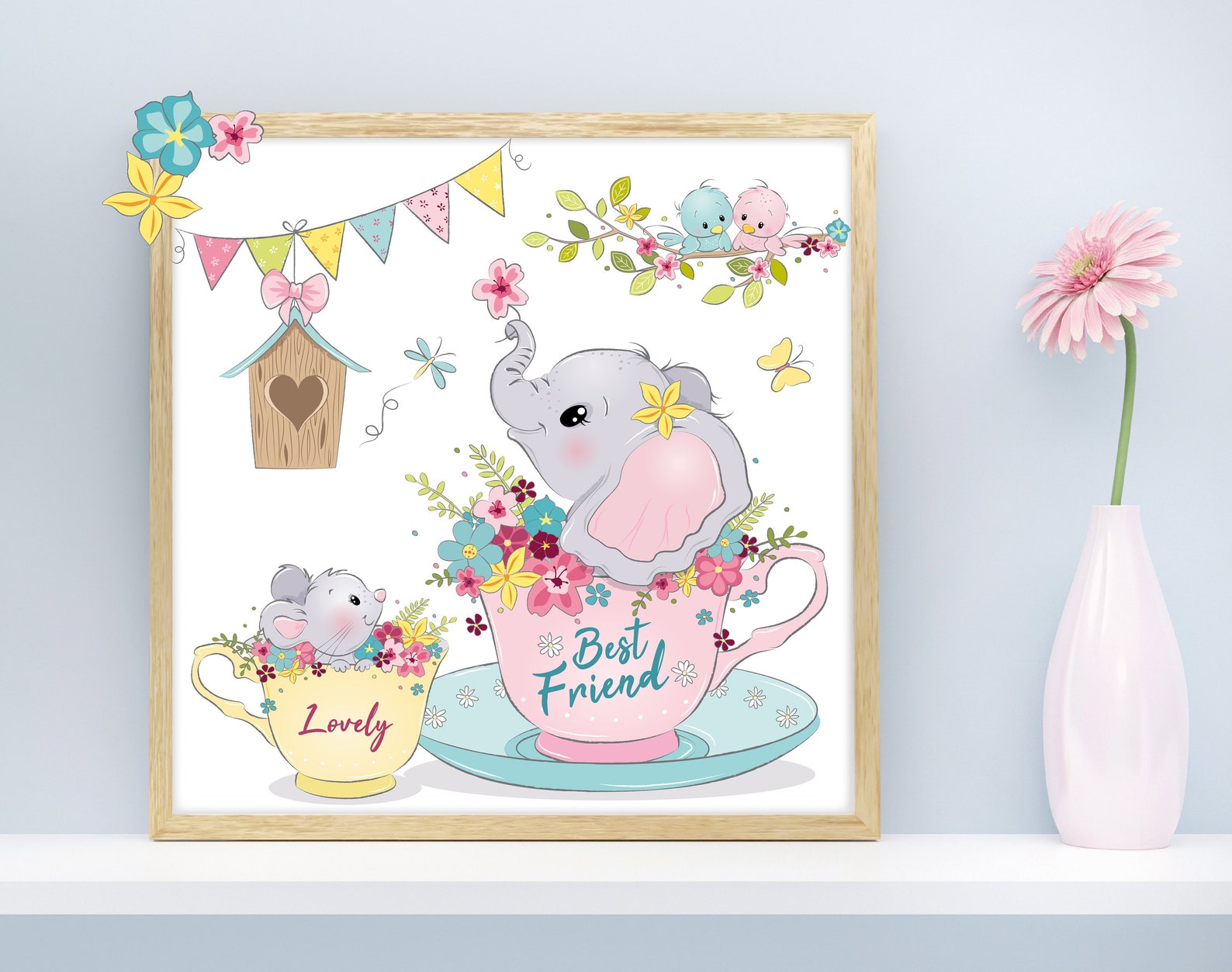 Elephant Tea Party Clipart: Mouse, Birds, Flowers (PNG Digital Download ...