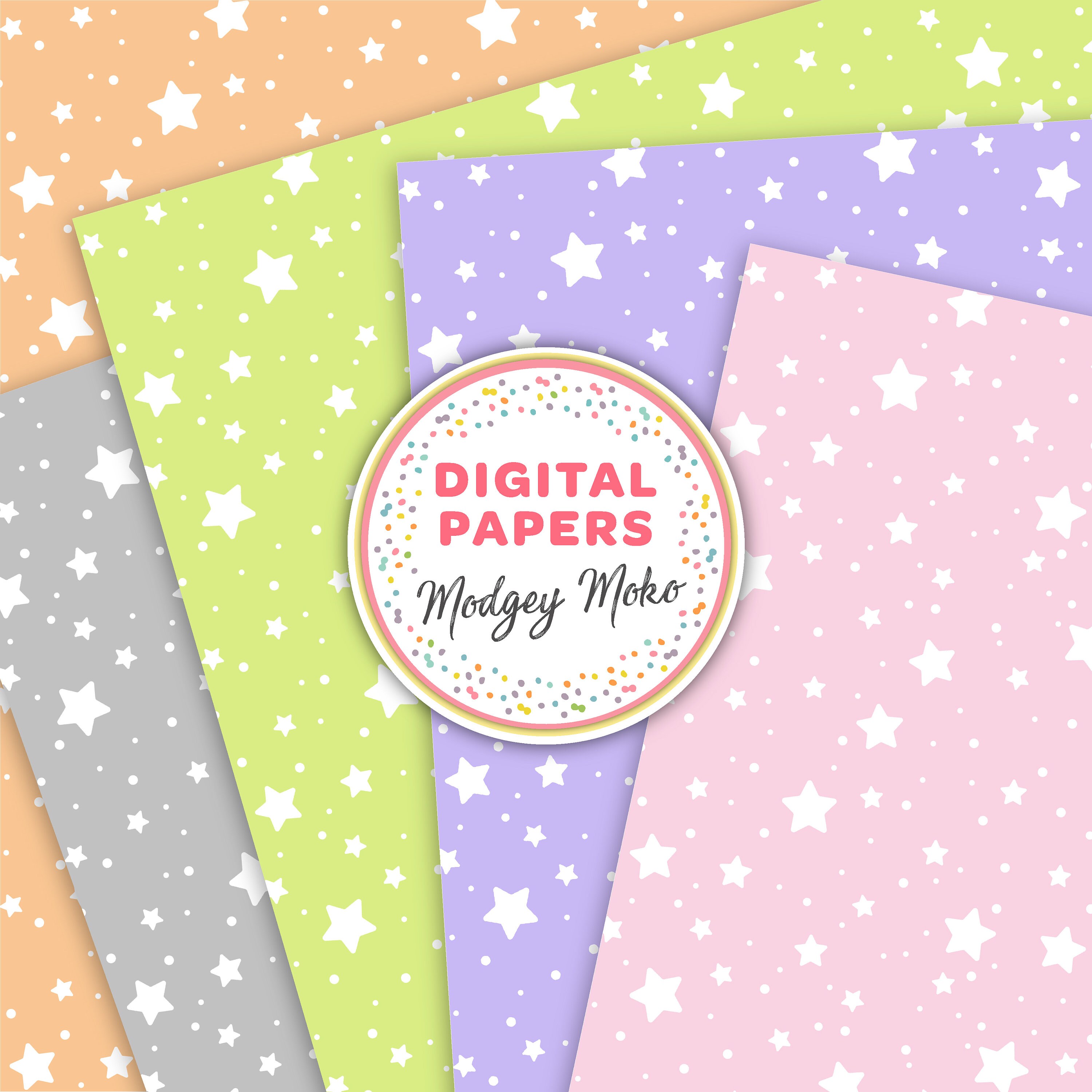 Colourful Digital Printable Paper Star Patterns, Pink, Blue, Yellow ...
