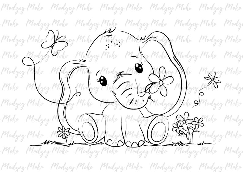 Cute Baby Elephant Digi Stamp, Digital Stamps, Card Making, Scrap ...