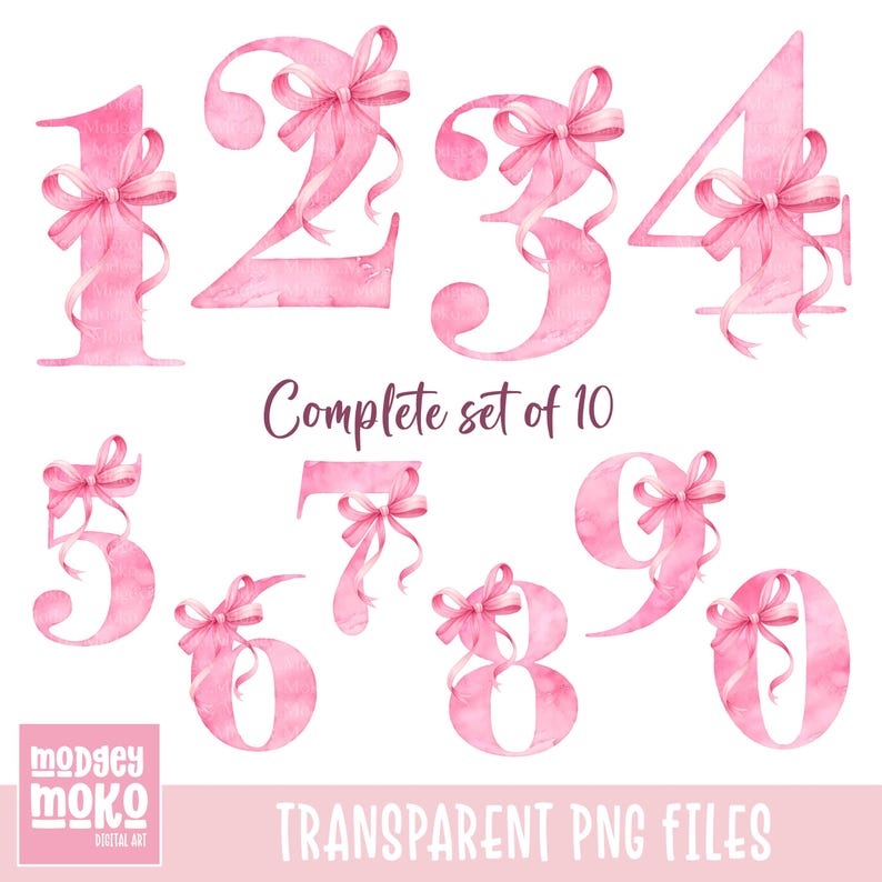 Pink Bow Girls Numbers 0-9 PNG, Bundle Sublimation Designs, Watercolor ...