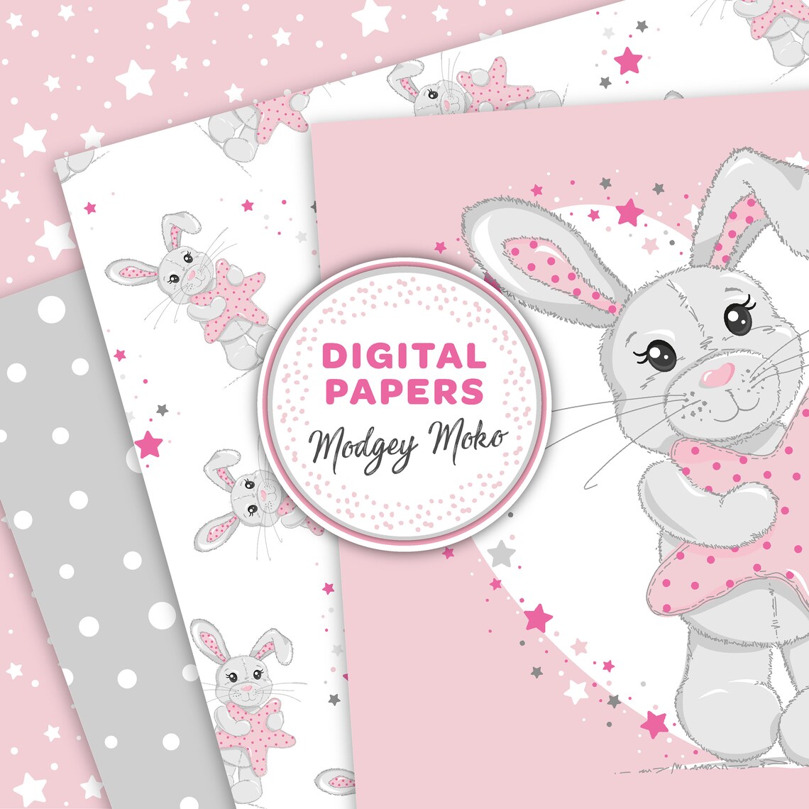 Digital Printable Papers Little Star Bunny Patterns in Pink | Etsy