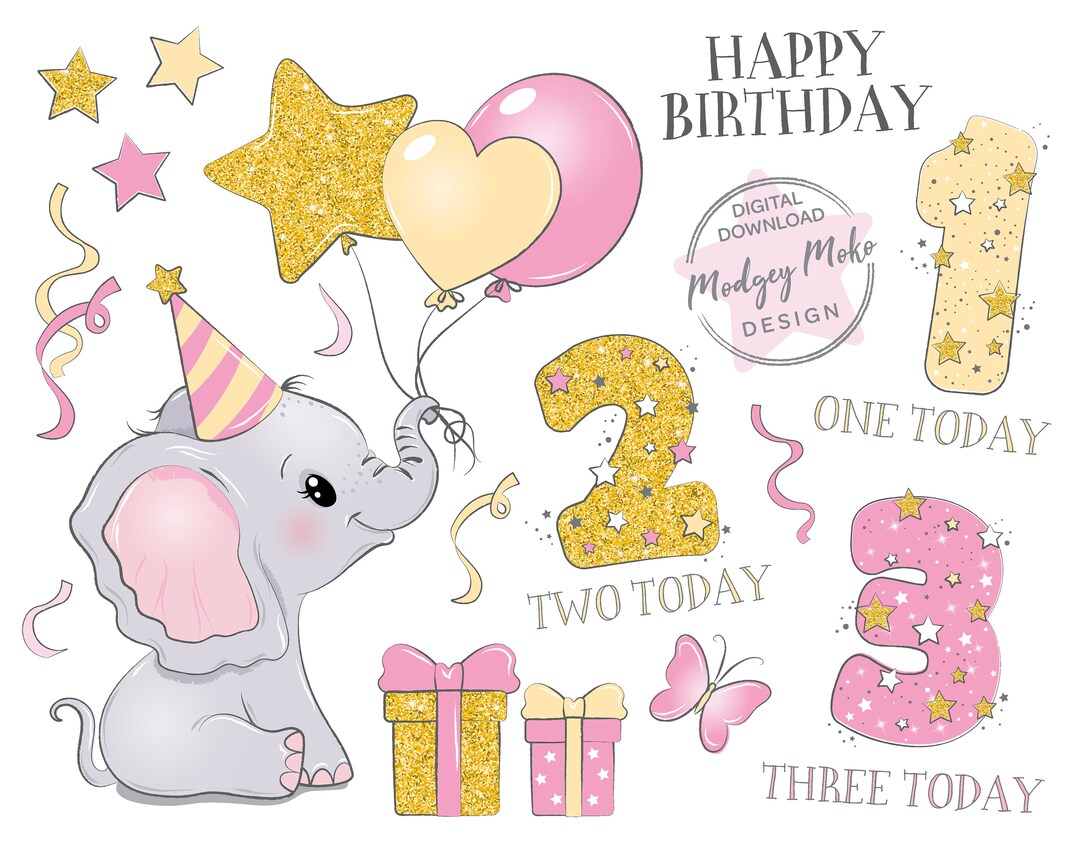 Cute Birthday Elephant Holding Balloons CLIPART PNG. Baby Girl. Pink ...