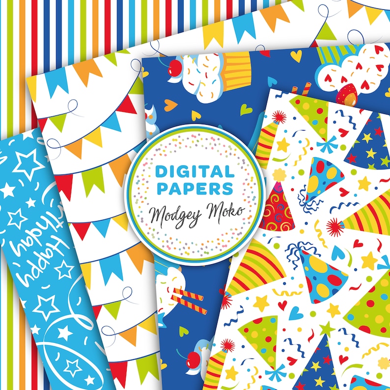 Blue Birthday Digital Papers, Seamless Party Designs, Boys Birthday ...