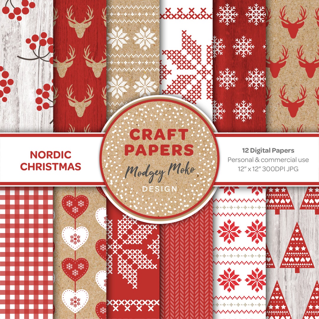 Christmas Printable Papers, Festive Red and Natural Nordic Digital ...