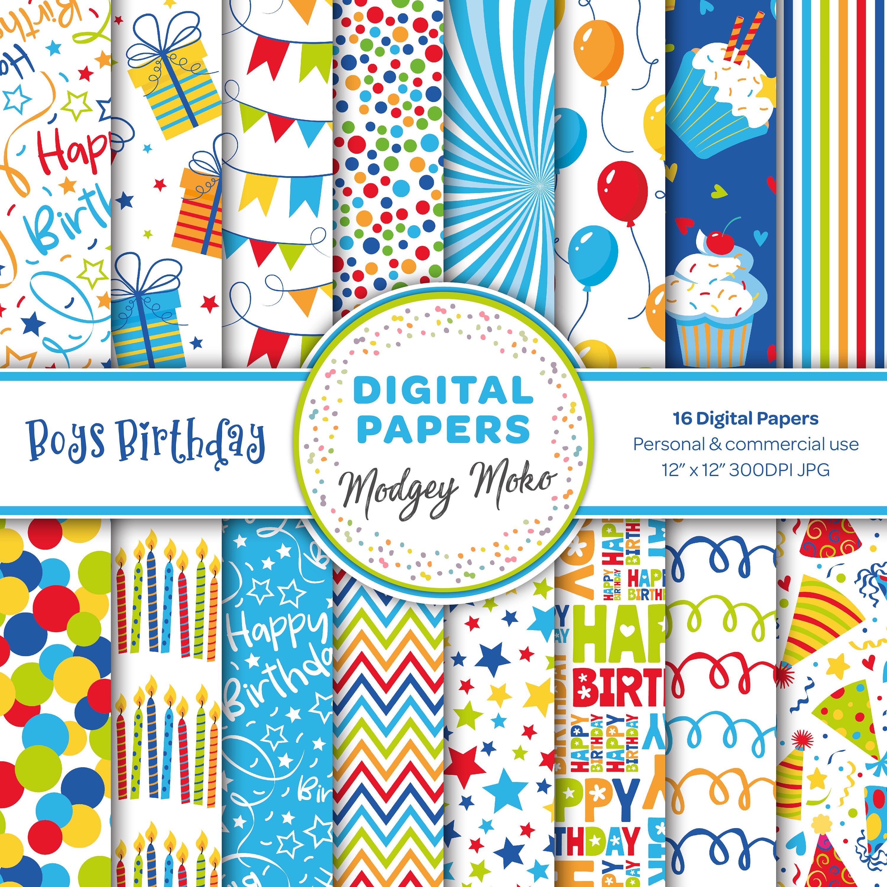 Birthday Digital Papers, Seamless Party Designs, Blue Birthday ...