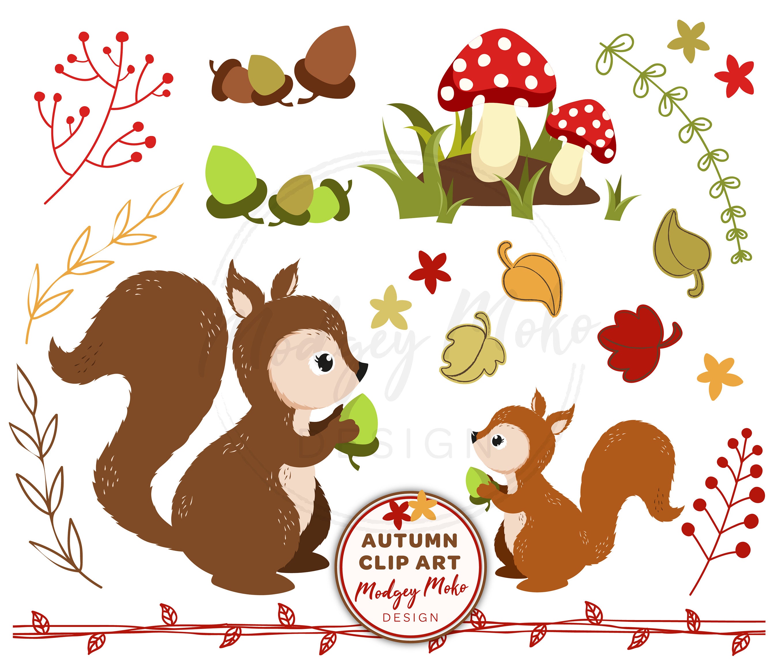 Autumn Clipart, Printable Files, Squirrel, Leaves, Acorns, Toadstools ...