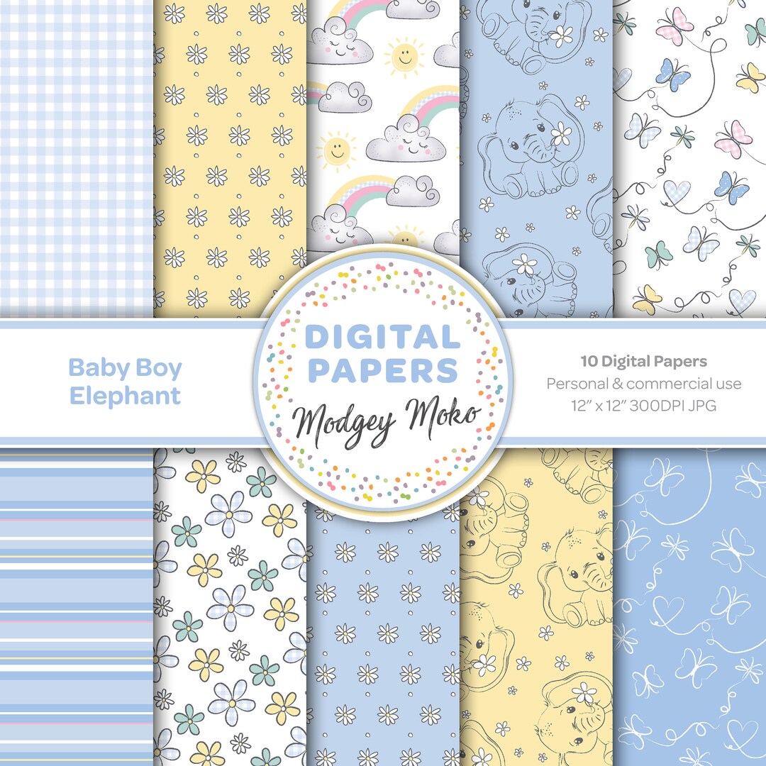 Blue Elephant Baby Boy Digital Papers: Rainbow, Flowers (JPG) - Etsy