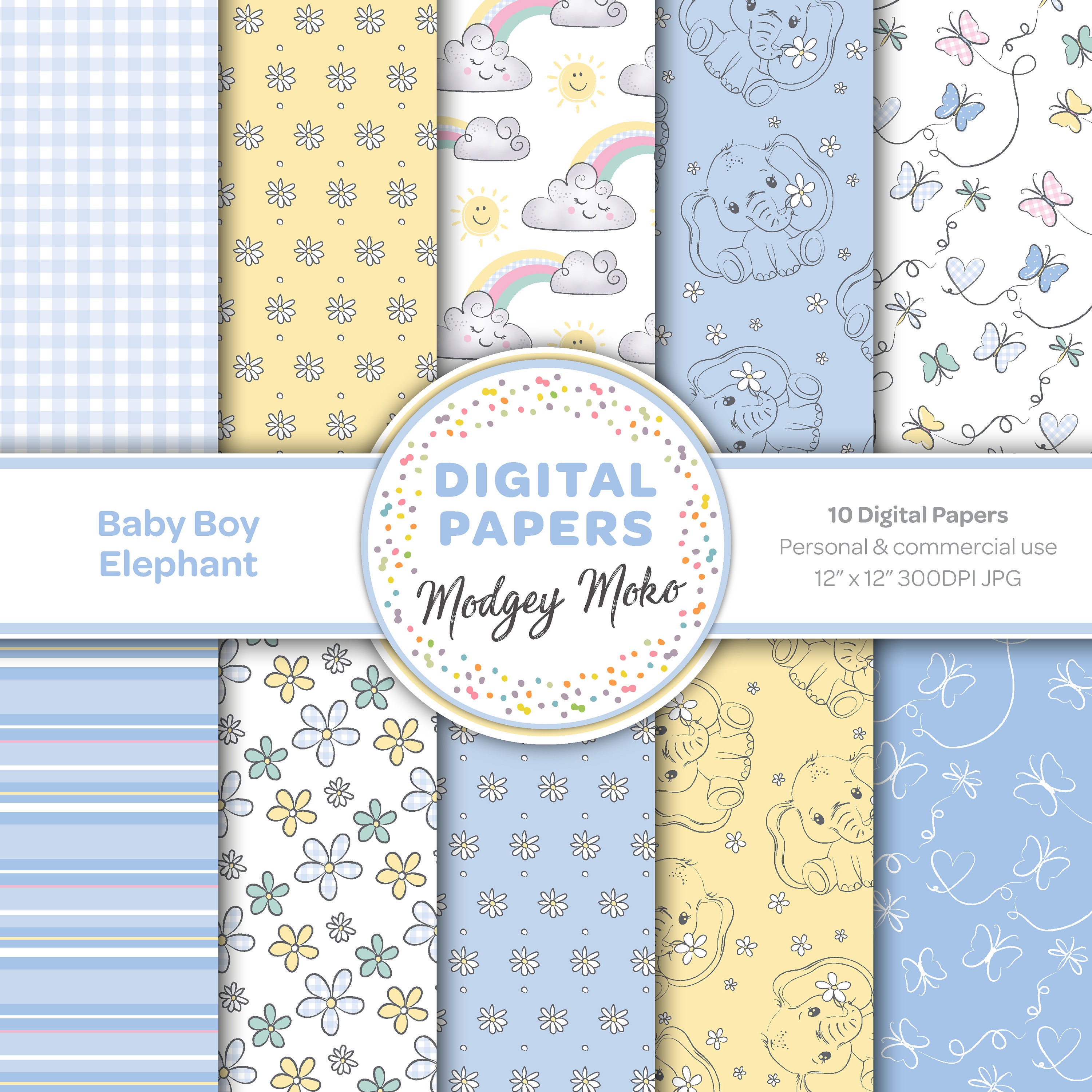 Blue Elephant Baby Boy Digital Papers: Rainbow, Flowers (JPG) - Etsy