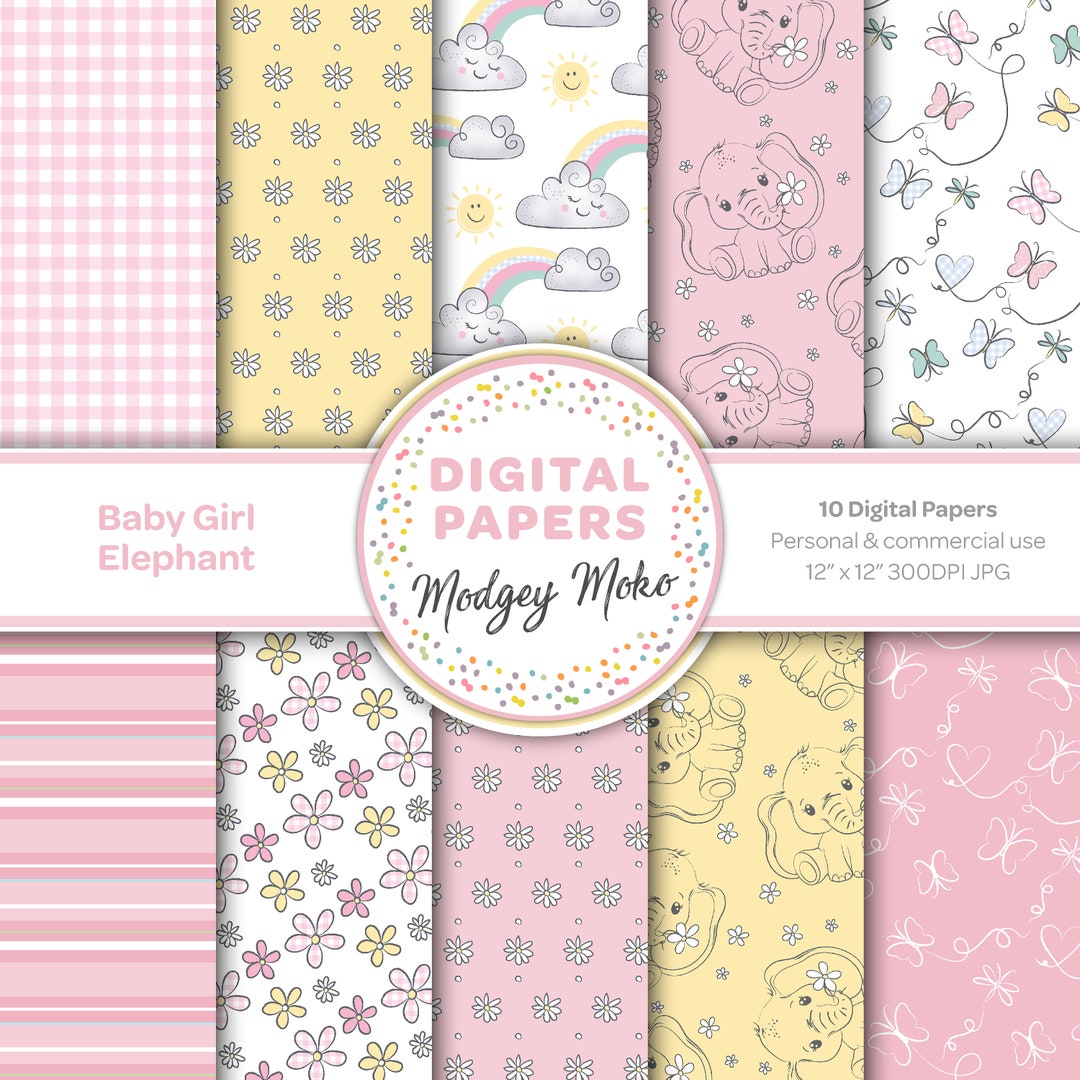 Pink Elephant Holding Flowers With Butterfly Digital Printable Papers ...