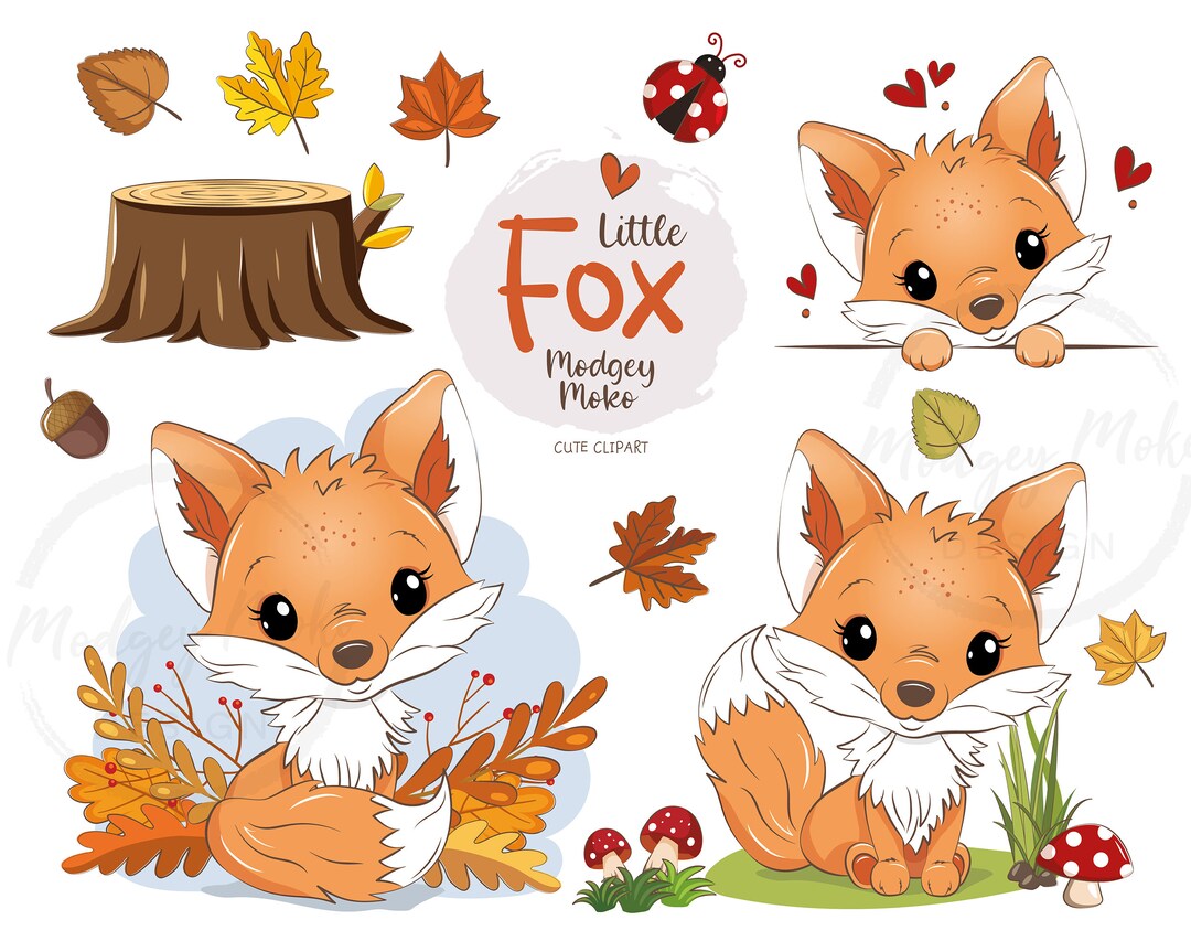 Cute Baby Fox CLIPART Png’s. Digital Files. Autumn Fox, Mushrooms ...