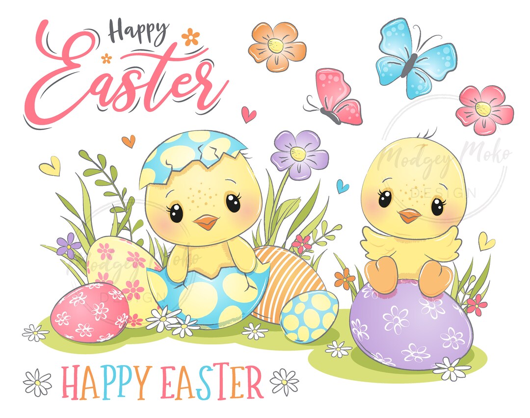 Happy Easter Chicks CLIPART PNG. Includes a Background Digital Paper ...
