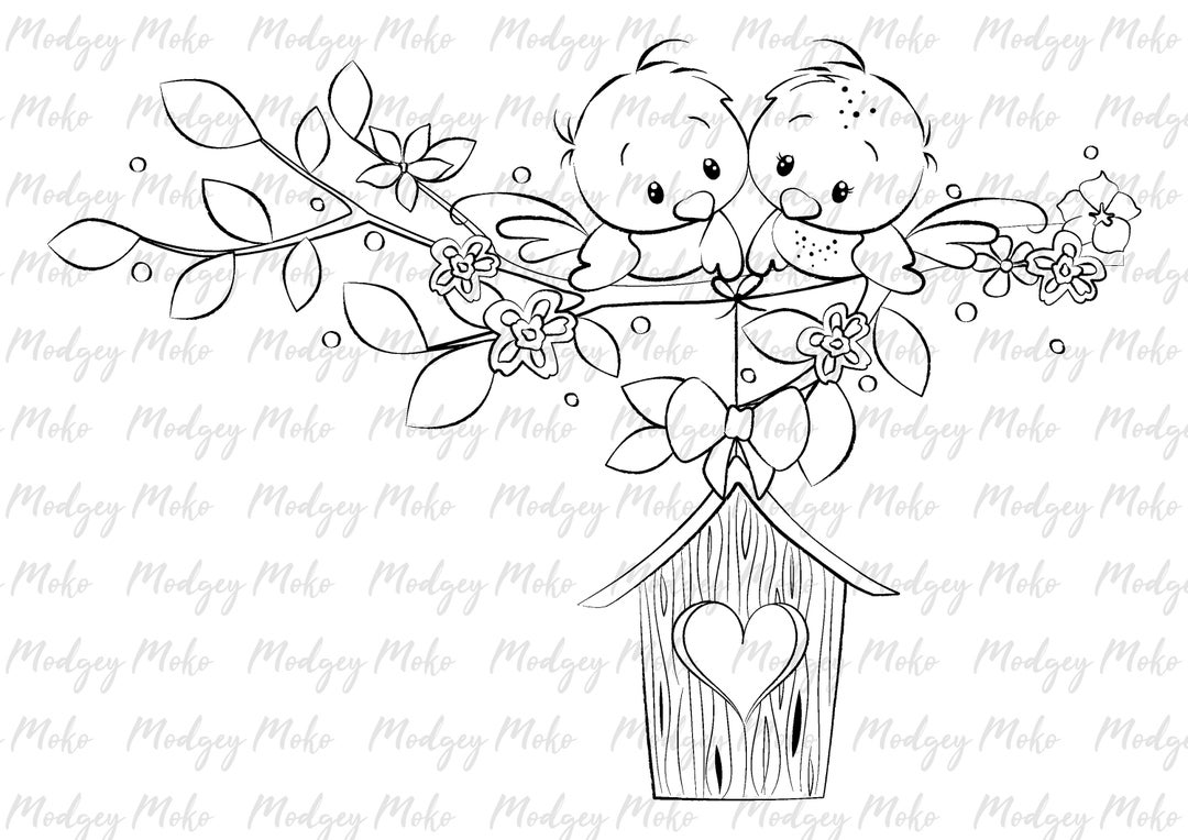 Cute Love Birds Digi Stamp, Digital Stamps, Card Making, Scrap Booking ...
