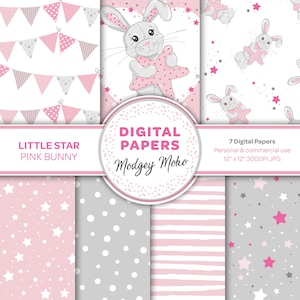 Digital Printable Papers Little Star Bunny Patterns, in Pink and Grey ...