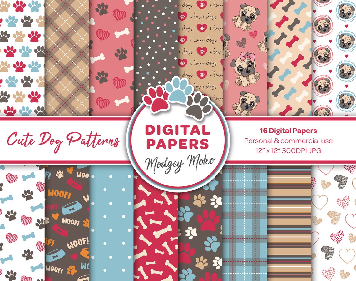 Puppy Dog Printable Papers Dog Digital Papers Cute Pug Dog | Etsy Canada