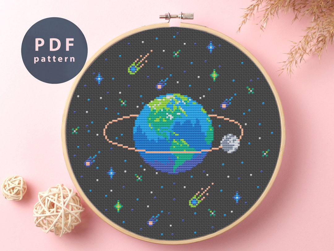 Cross Stitch Pattern Earth and Moon, Spaceship, Moon and Stars ...