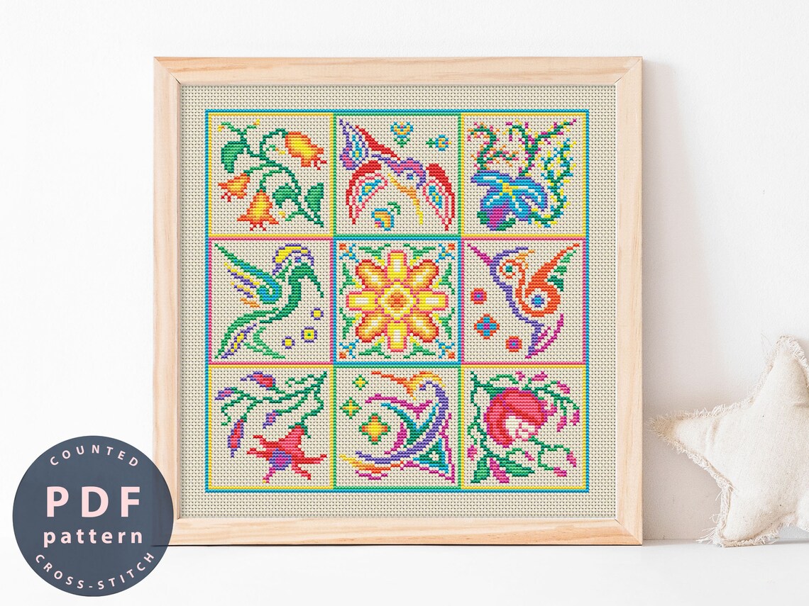 Modern Folk Cross Stitch Pattern: Birds and Flowers (digital Download ...
