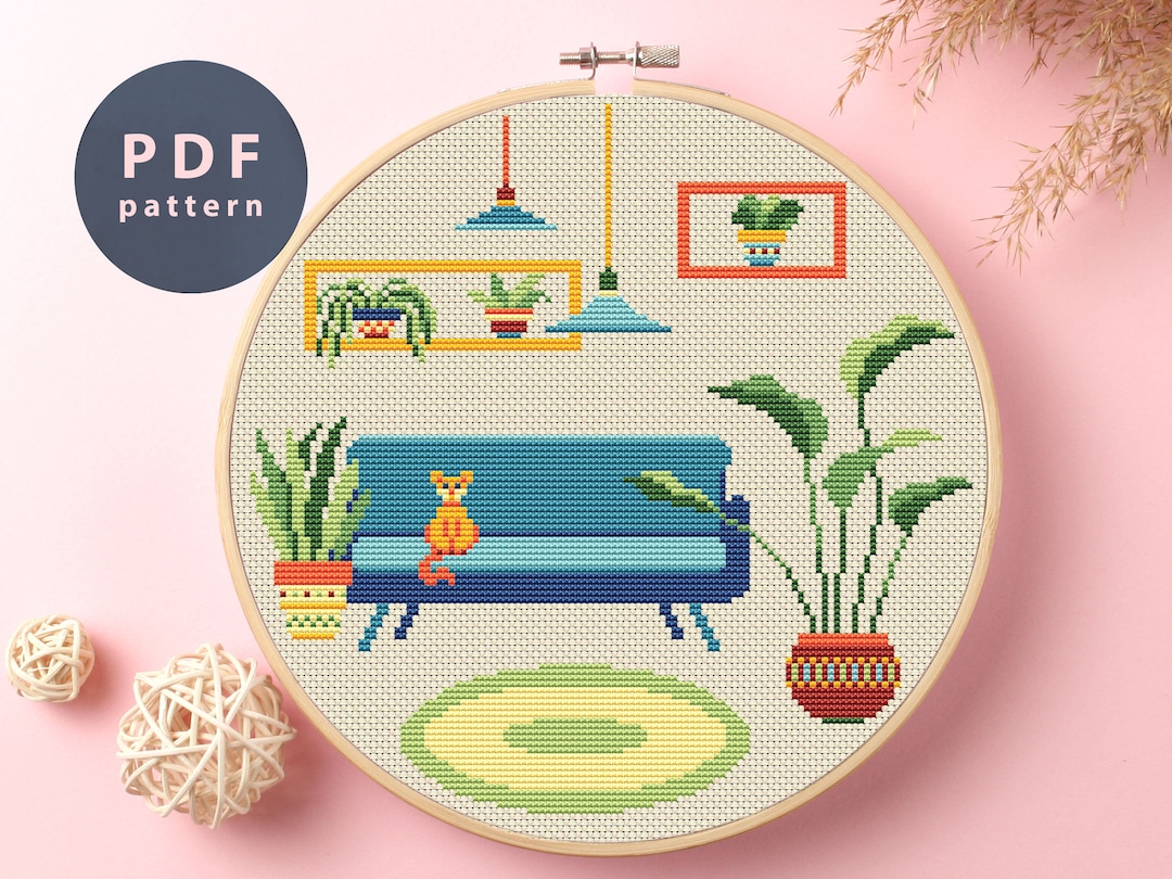 Cross Stitch Pattern Cat and Sofa, Retro, Gift for Mom, Contemporary ...