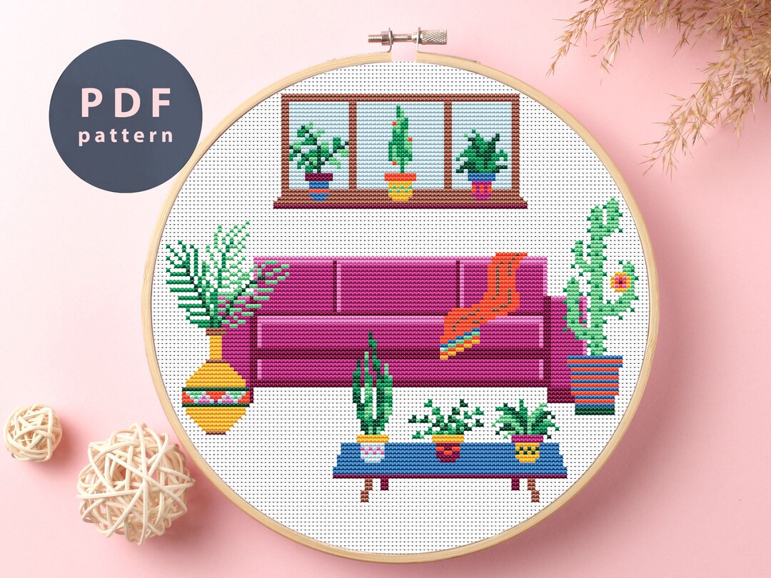 Cross Stitch Pattern Fuchsia Sofa, Modern Embroidery, Contemporary ...