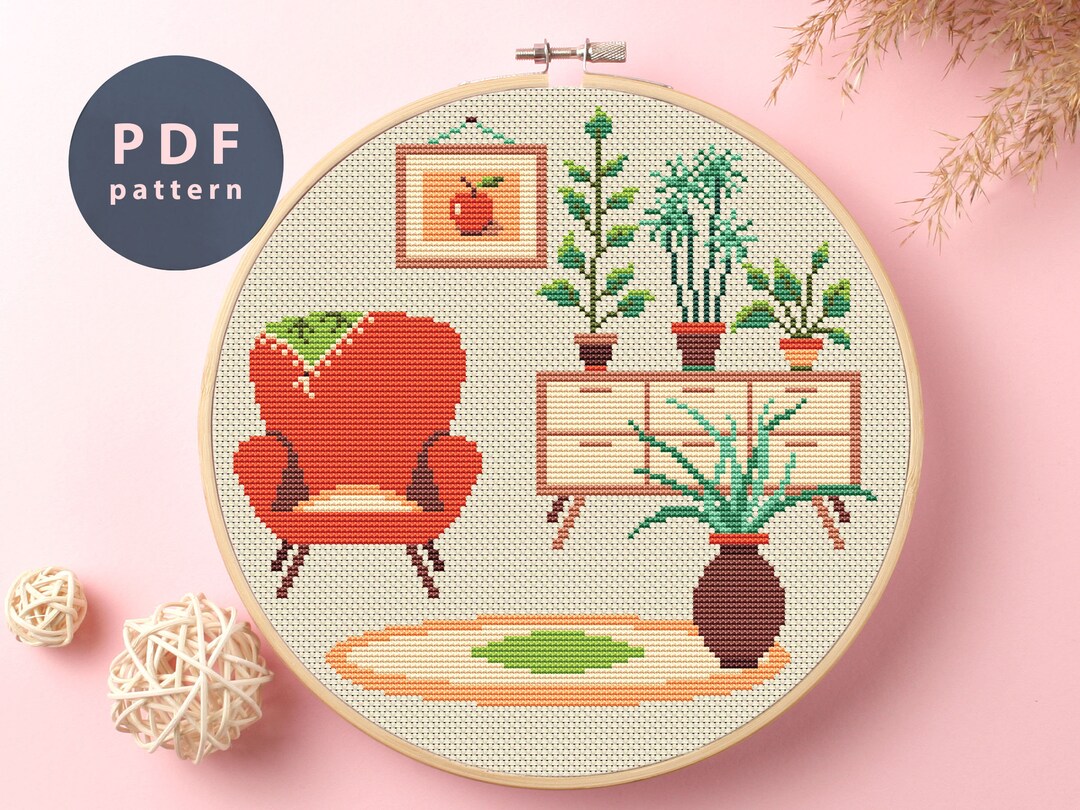 Cross Stitch Pattern Interior, Cozy Room, Home Plant, Retro, Modern ...
