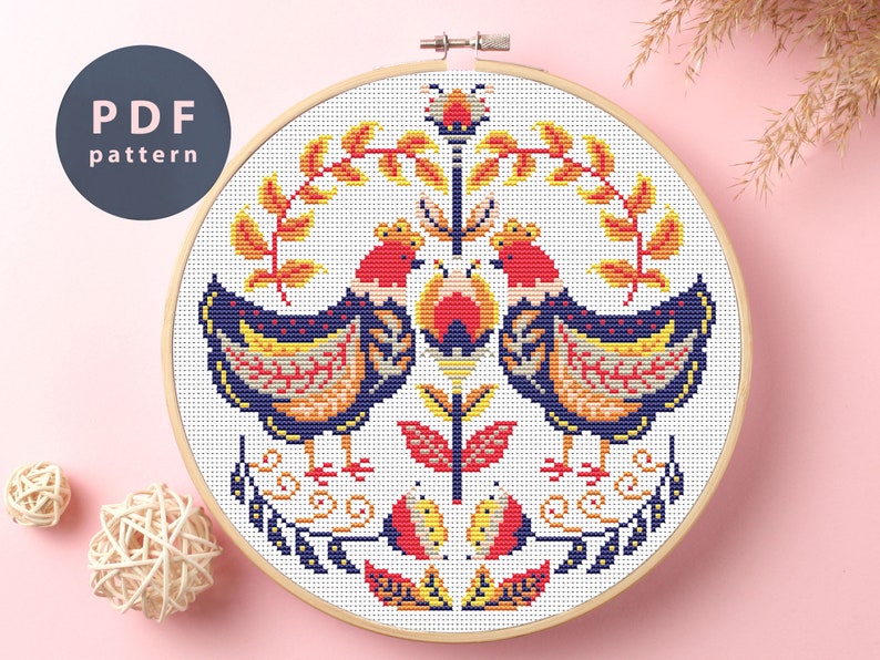 Folk Art Chicken Cross Stitch Pattern: Floral Ornament (PDF Pattern - Etsy