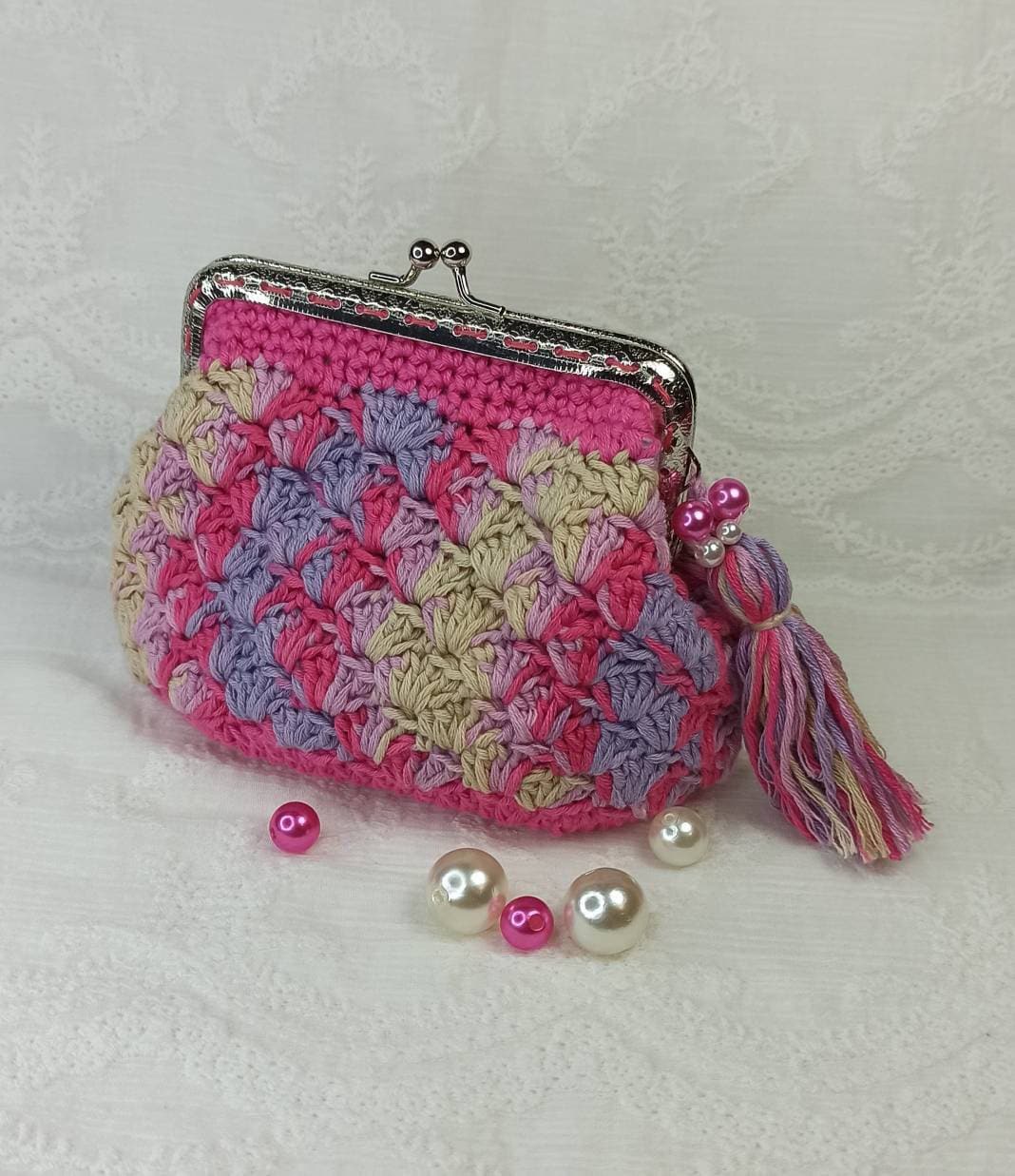 Monedero de crochet rosa lila y beig hecho a mano, boquilla cuadrada ...