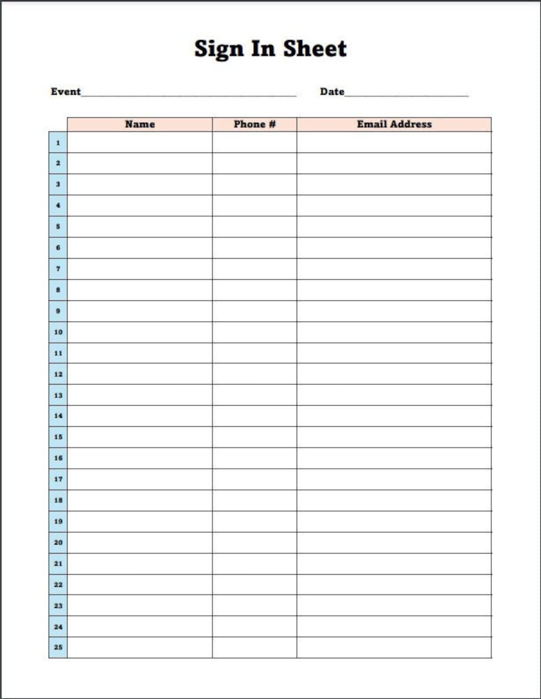 Printable Sign in Sheet, Event Sign in Sheet - PDF File, Prints on 8 1/ ...