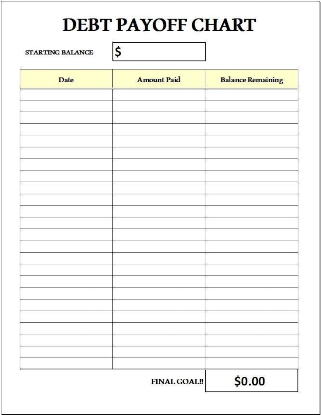 Printable Debt Payoff Chart: Payment Tracker (PDF File) - Etsy