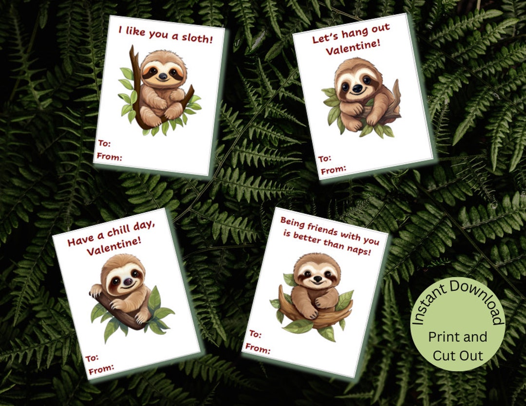 Printable Sloth Valentine's Day Cards - Cute Sloth Valentines - 4 ...