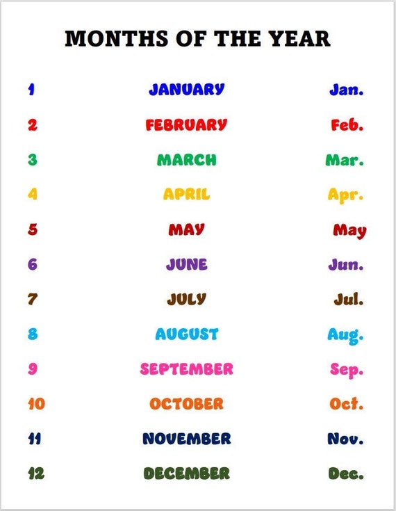 Months Of The Year Printable Chart