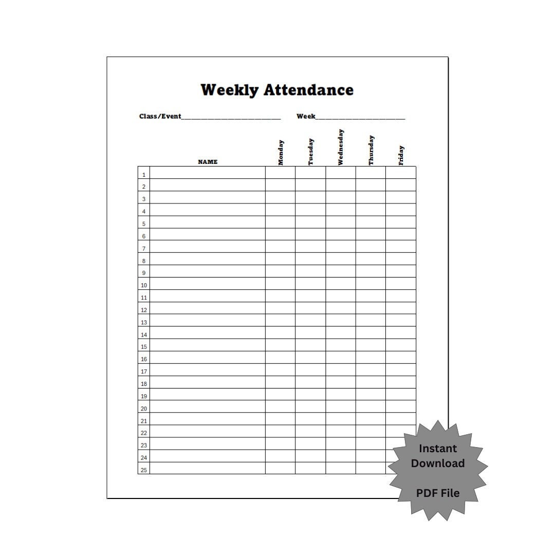 Printable Weekly Attendance Log Tracker, PDF File, Prints on 8 1/2 X 11 ...