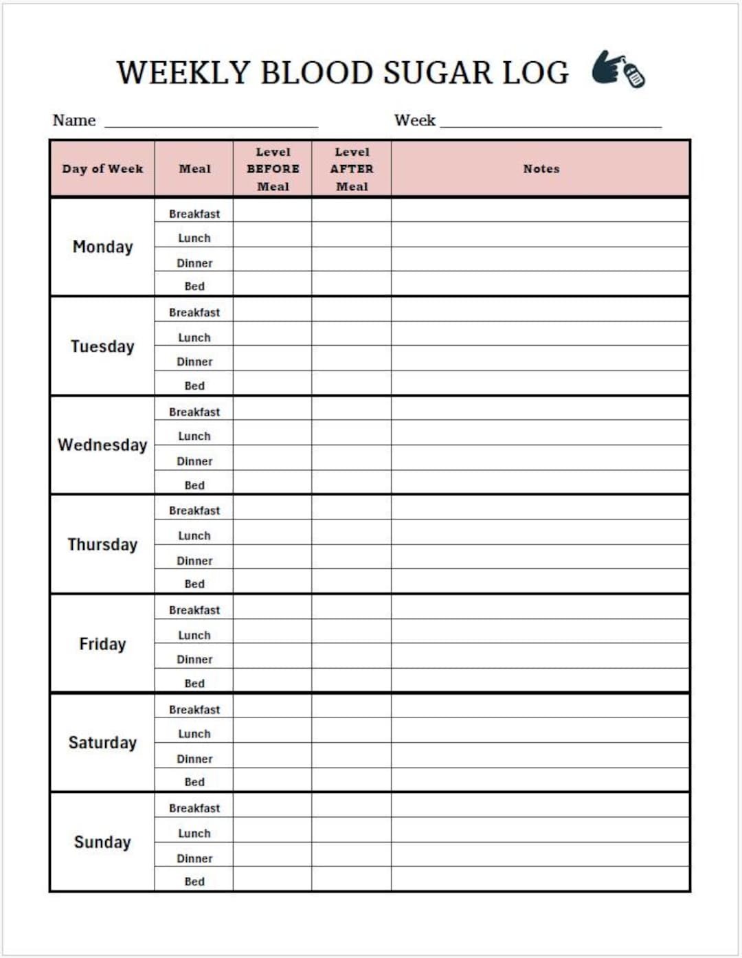 Weekly Blood Sugar Log - Medical Tracker - Printable , PDF File - Etsy
