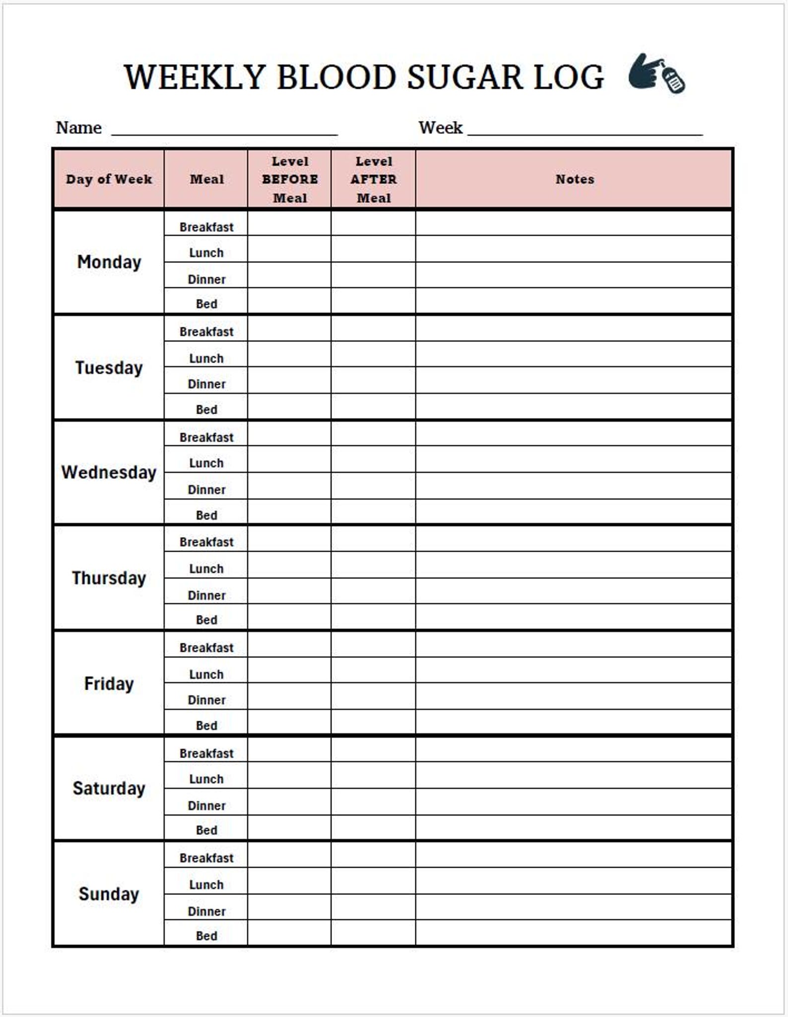 Weekly Blood Sugar Log - Medical Tracker - Printable , PDF File - Etsy