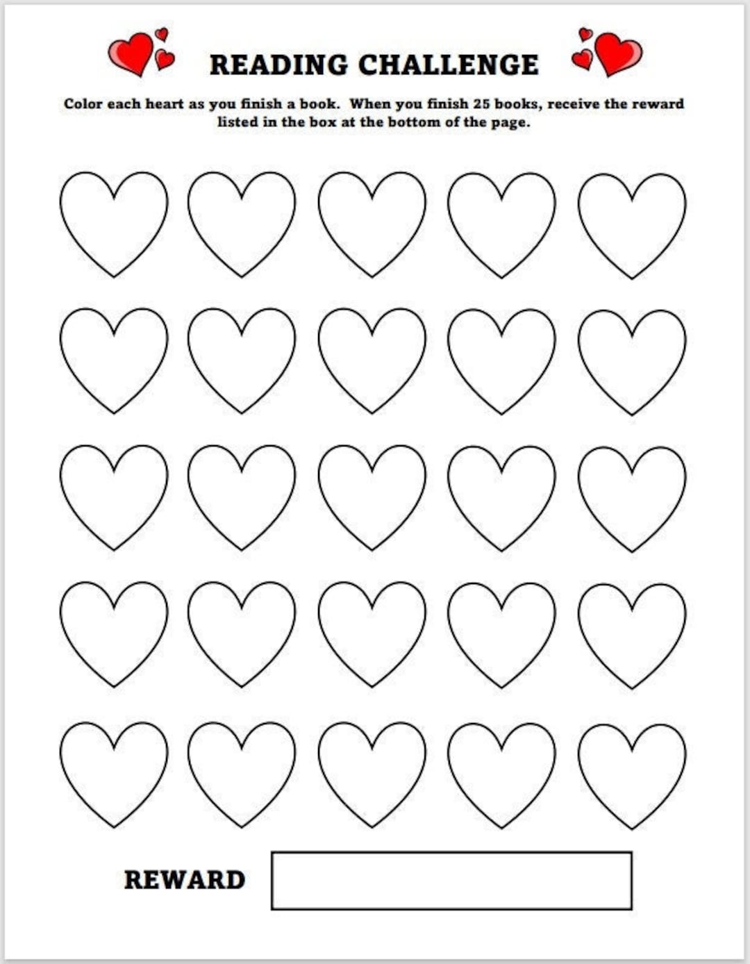 Hearts Reading Challenge Chart: Homeschool Printable (PDF File) - Etsy