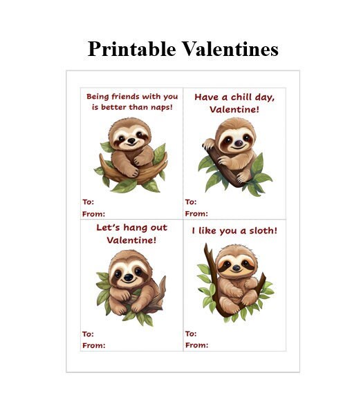 Printable Sloth Valentine's Day Cards Cute Sloth Valentines 4 Different ...