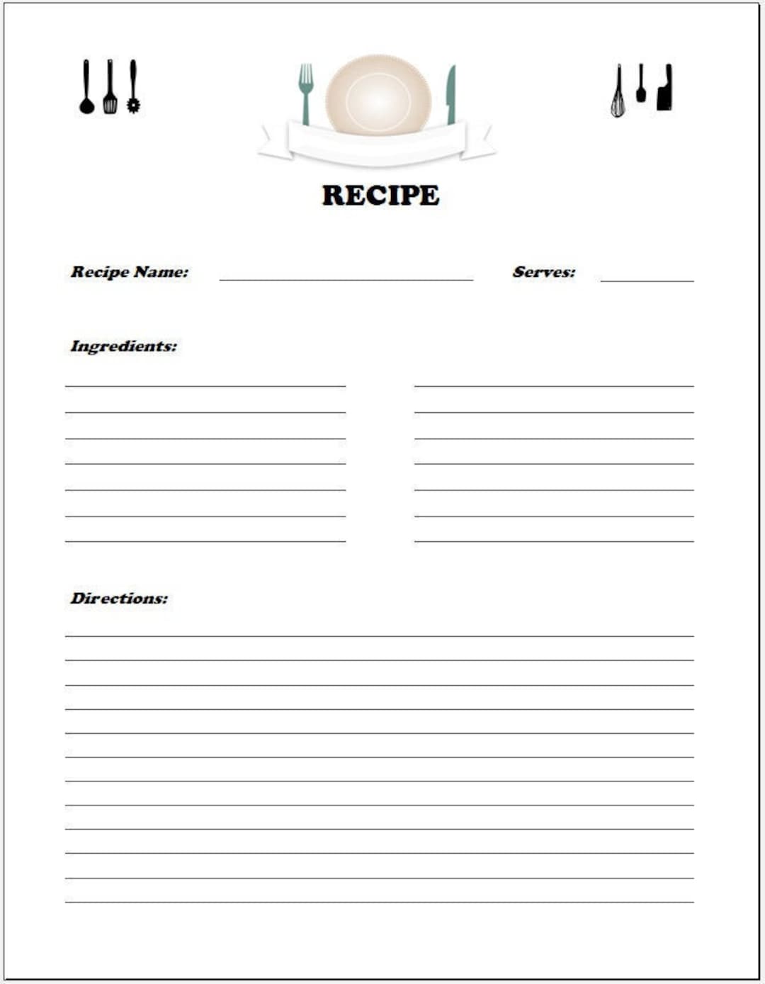 Printable Full Page Recipe Card, PDF File, Each Card Prints on 8 1/2 X ...