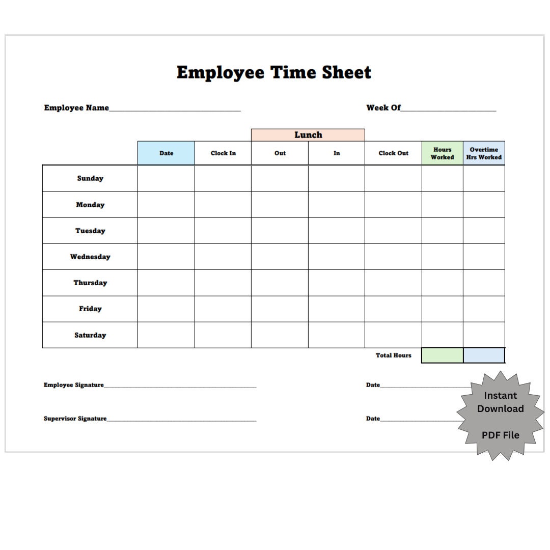 Printable Weekly Employee Time Sheet, Small Business Time Sheet PDF ...